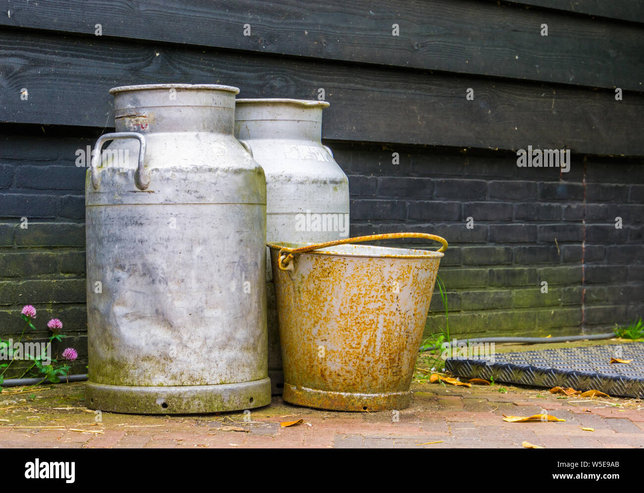 agriculture background, Vintage farm equipment, Metal milk cans and a ...