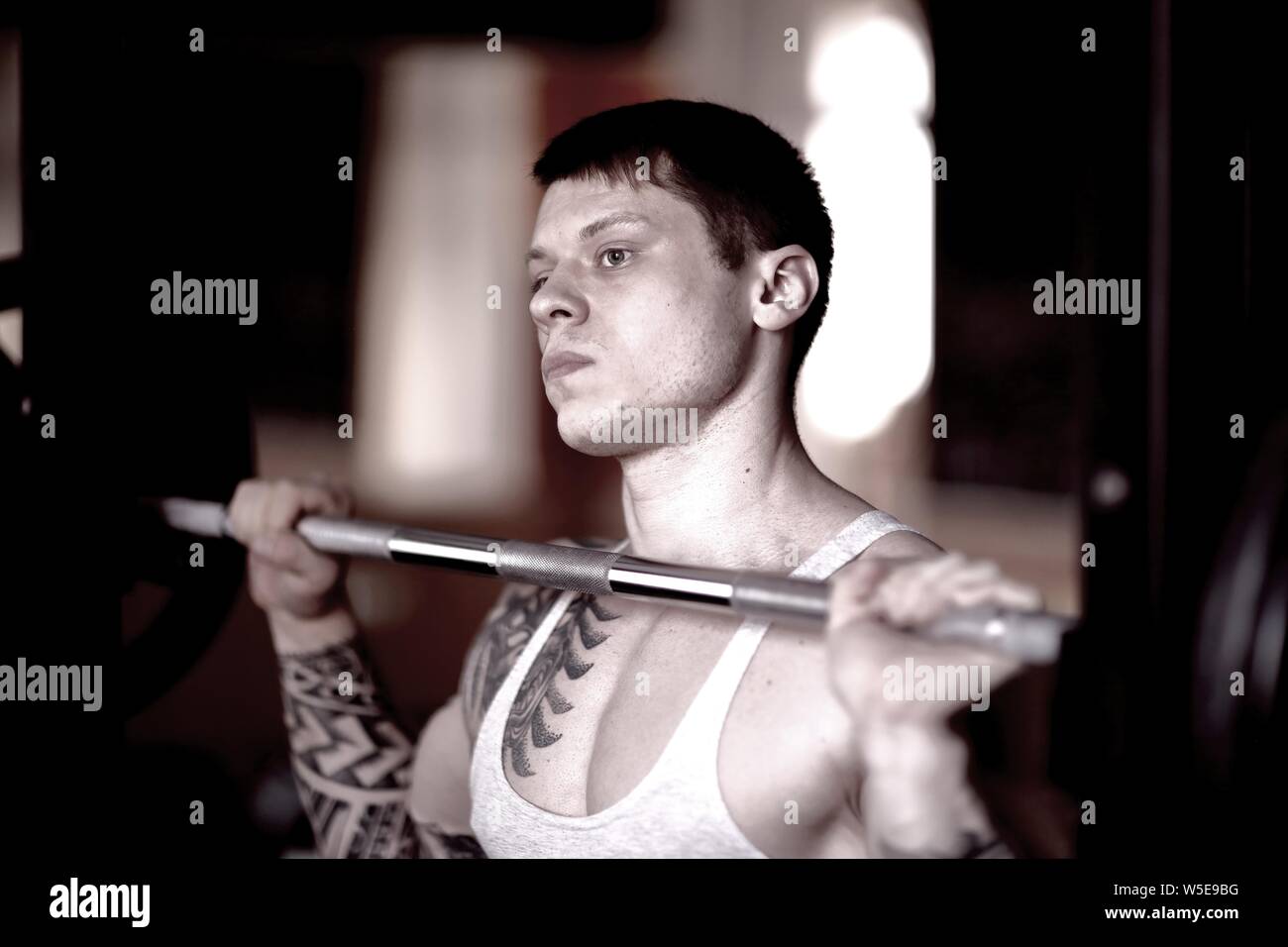 Strong and handsome man lifting weights - a barbell - in a gym Stock ...