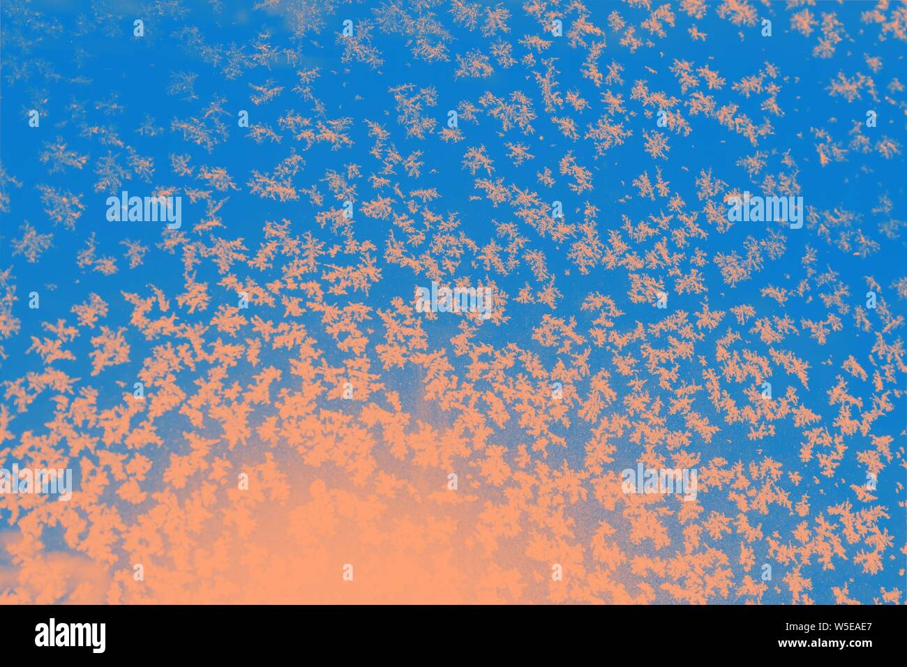 Orange sunny snowflakes pattern on the blue sky background. Toned photo ...