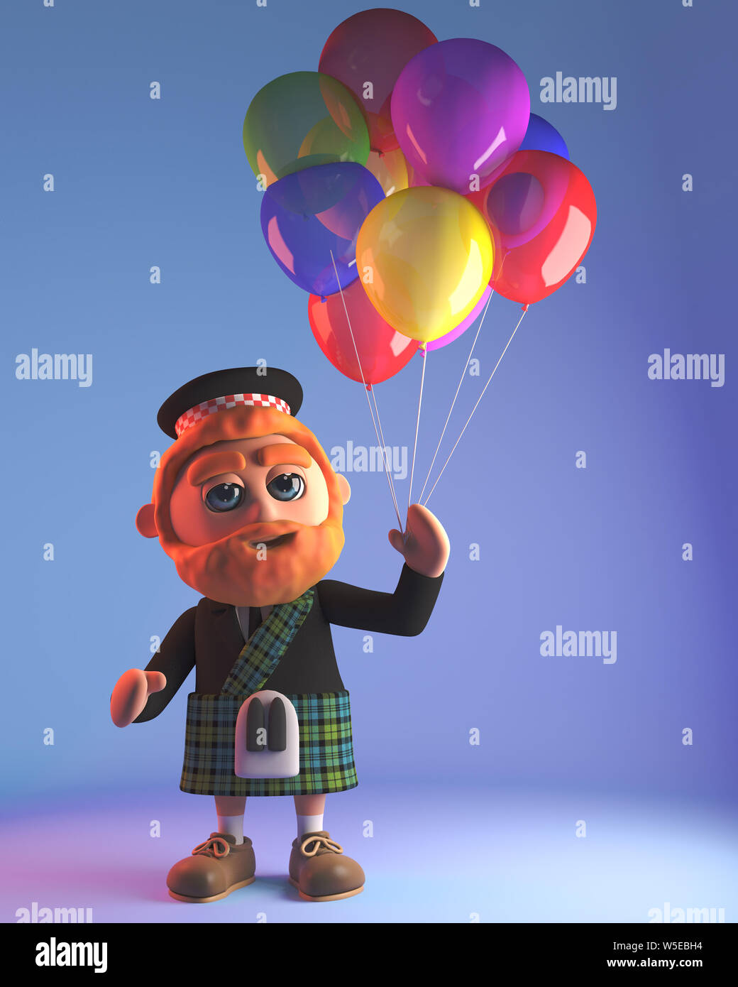 Funny Scotsman in kilt celebrates with party balloons, 3d illustration ...