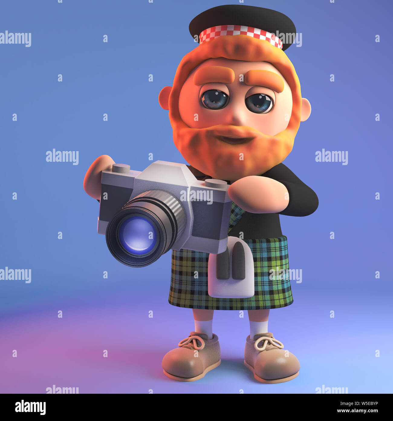Artistic Scottish man in tartan kilt takes photos with his camera, 3d ...