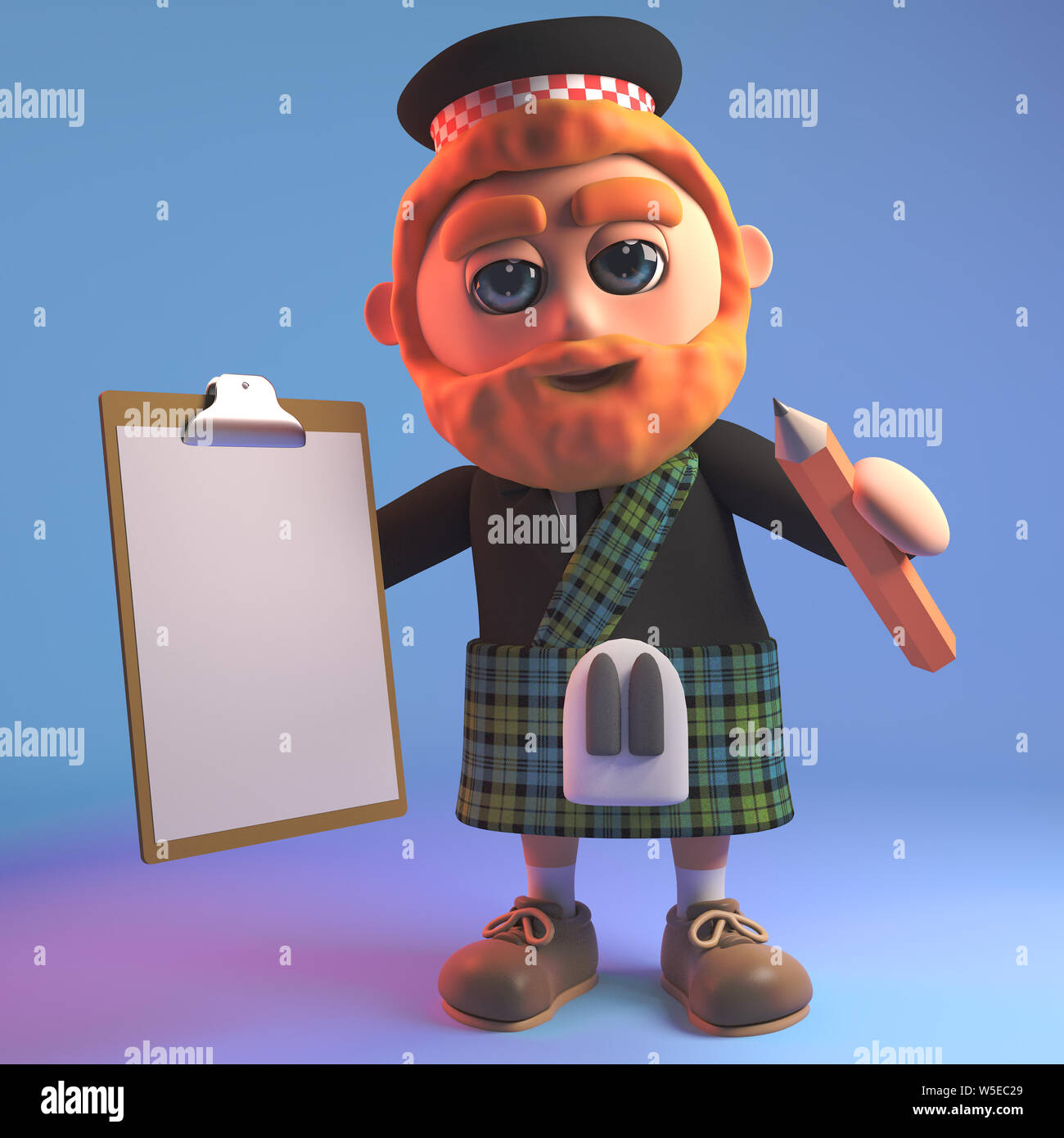 Scottish man in kilt holding a clipboard and pencil, 3d illustration ...