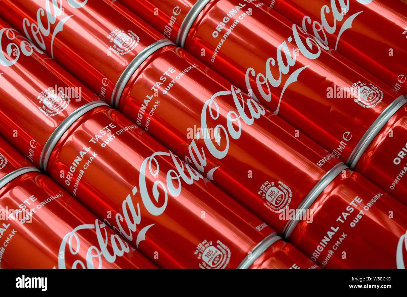 KHARKIV, UKRAINE - JULY 25, 2019: Coca-Cola logo printed on aluminium ...