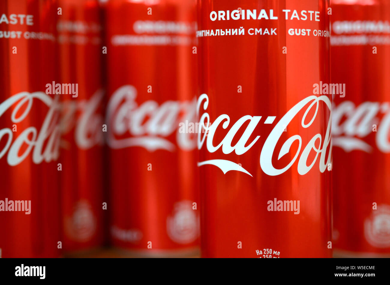 KHARKIV, UKRAINE - JULY 25, 2019: Coca-Cola logo printed on aluminium ...