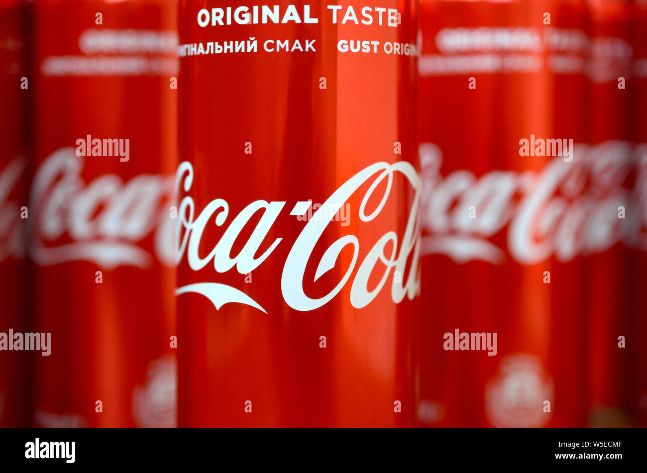 KHARKIV, UKRAINE - JULY 25, 2019: Coca-Cola logo printed on aluminium ...