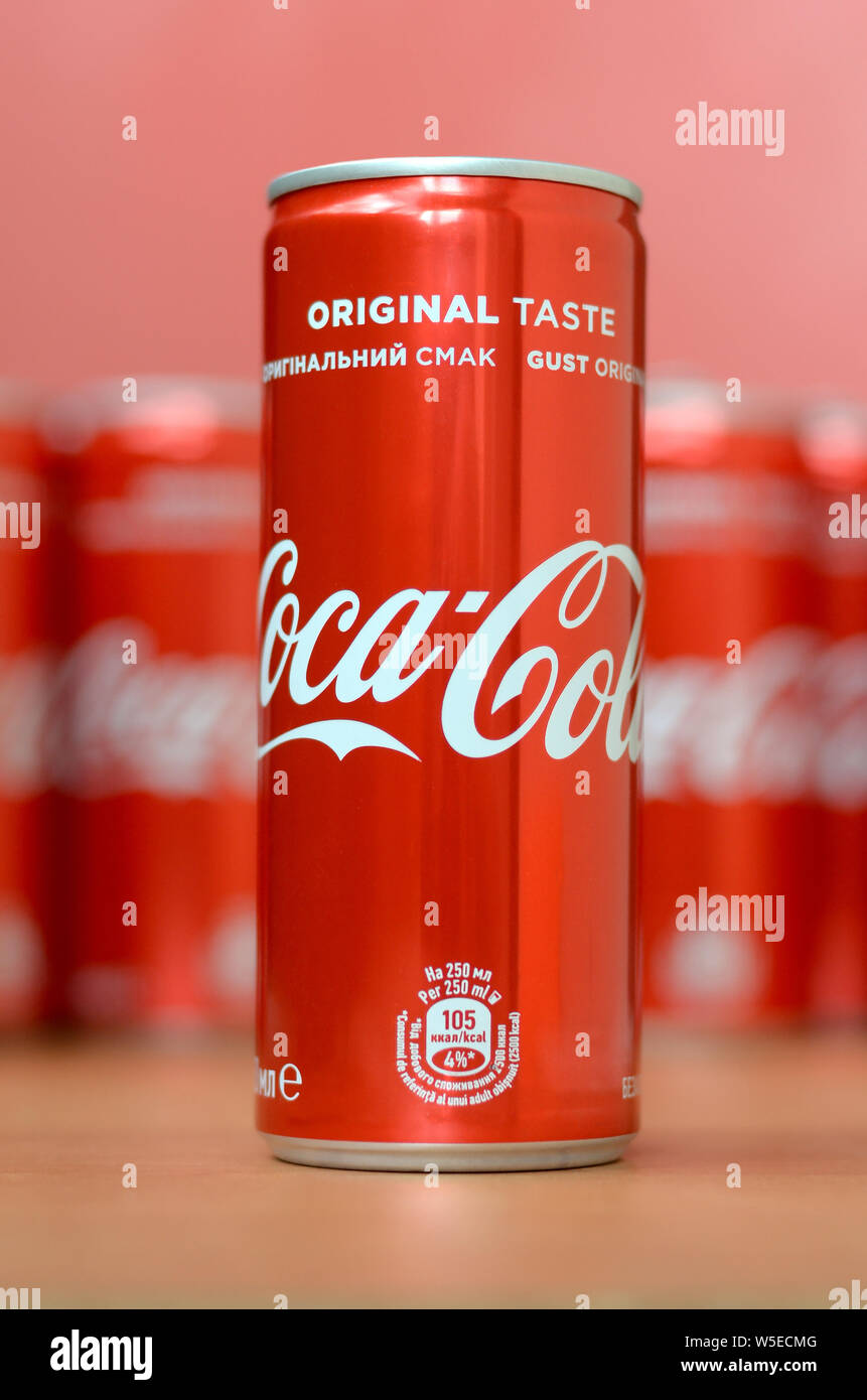 KHARKIV, UKRAINE - JULY 25, 2019: Coca-Cola logo printed on aluminium ...