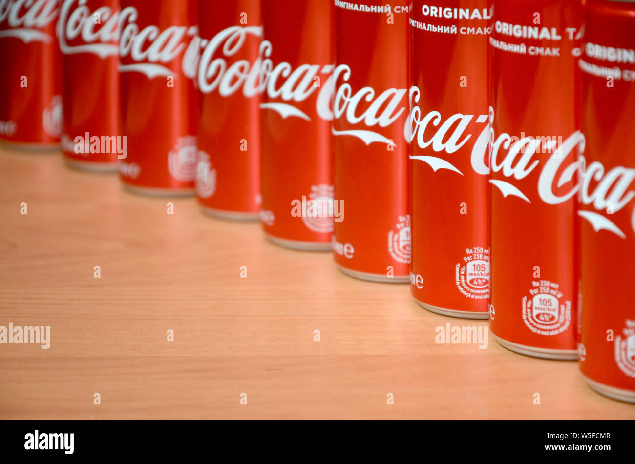 KHARKIV, UKRAINE - JULY 25, 2019: Coca-Cola logo printed on aluminium ...