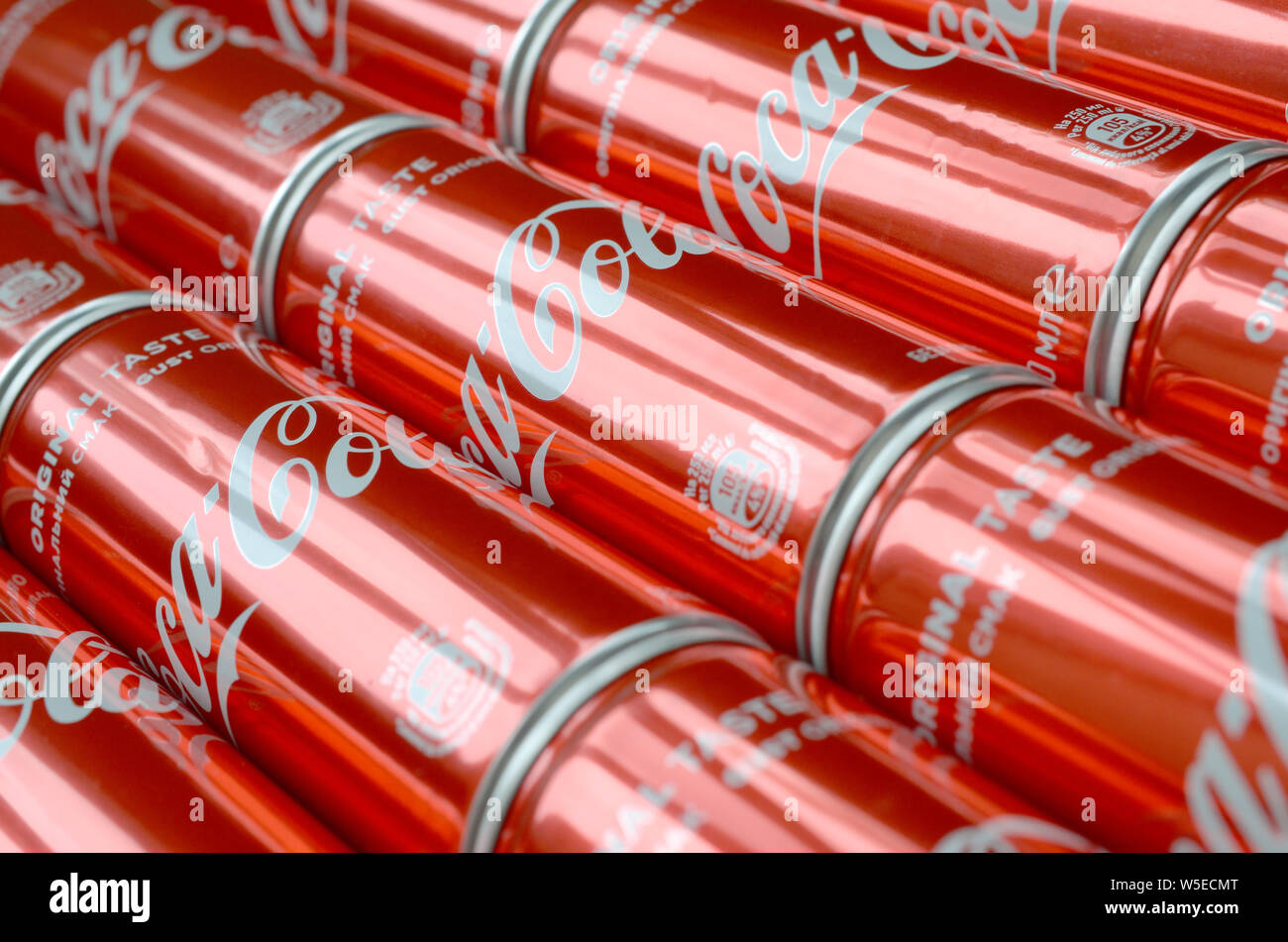 KHARKIV, UKRAINE - JULY 25, 2019: Coca-Cola logo printed on aluminium ...