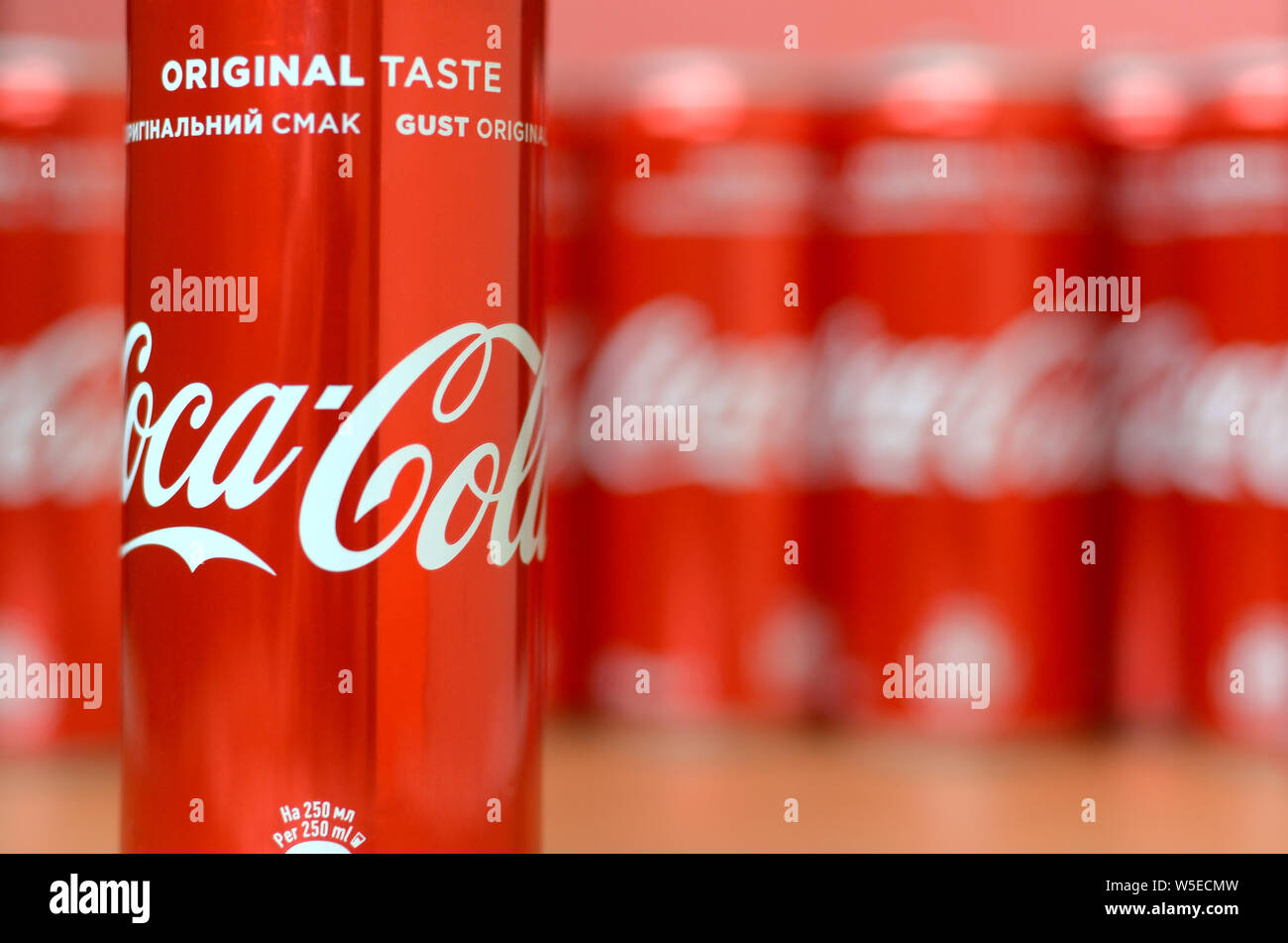 KHARKIV, UKRAINE - JULY 25, 2019: Coca-Cola logo printed on aluminium ...