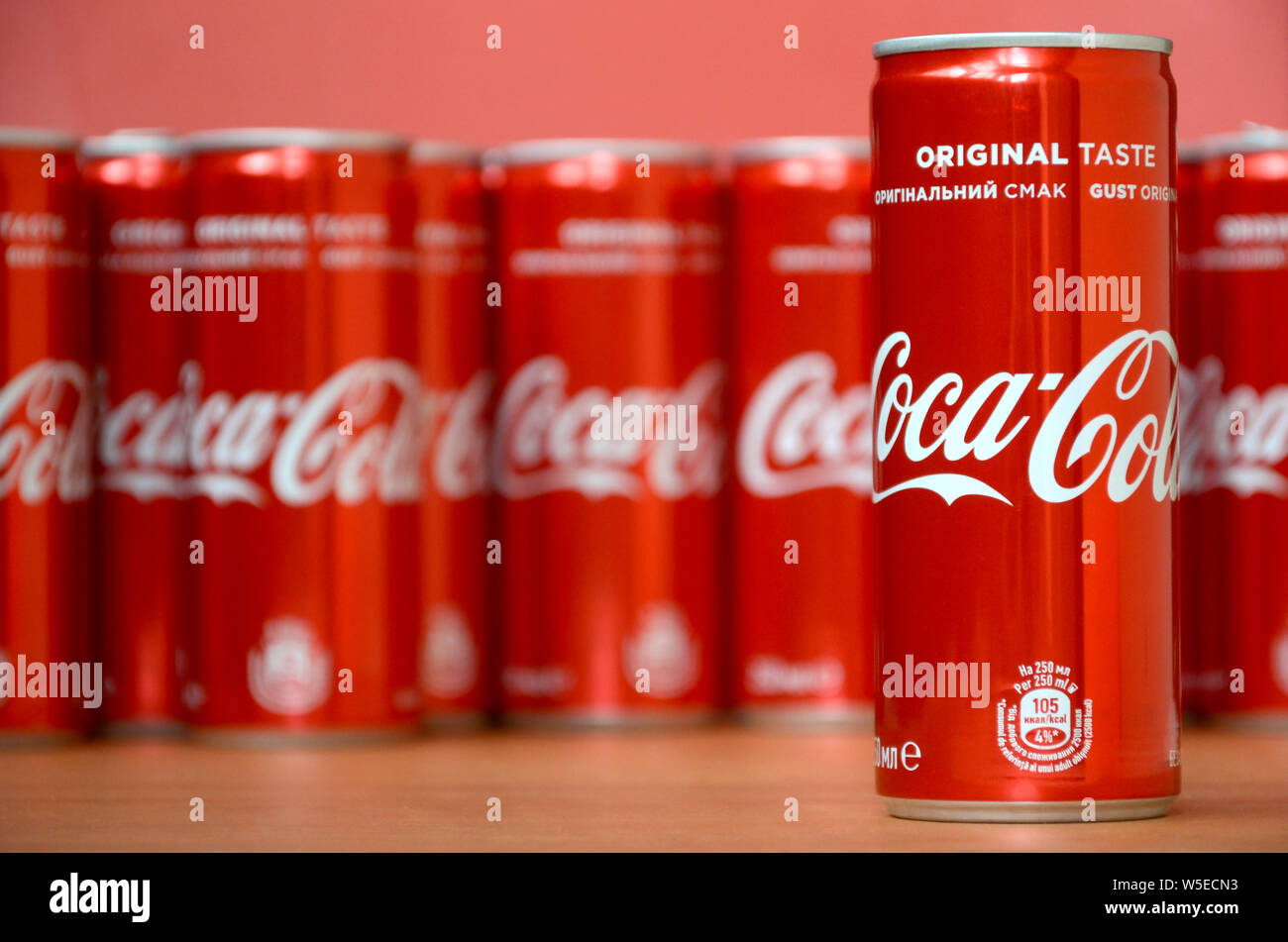 KHARKIV, UKRAINE - JULY 25, 2019: Coca-Cola logo printed on aluminium ...