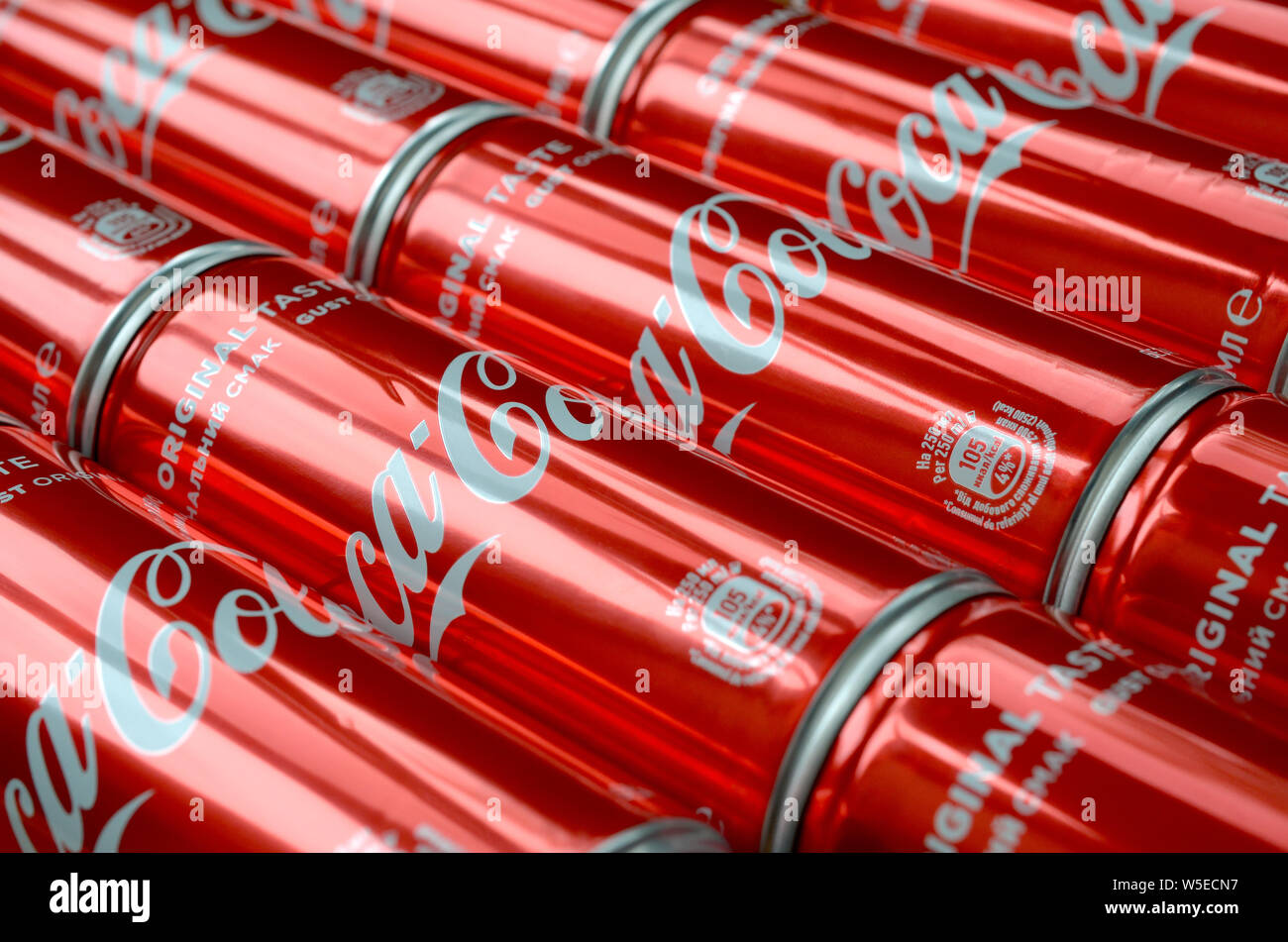 KHARKIV, UKRAINE - JULY 25, 2019: Coca-Cola logo printed on aluminium ...