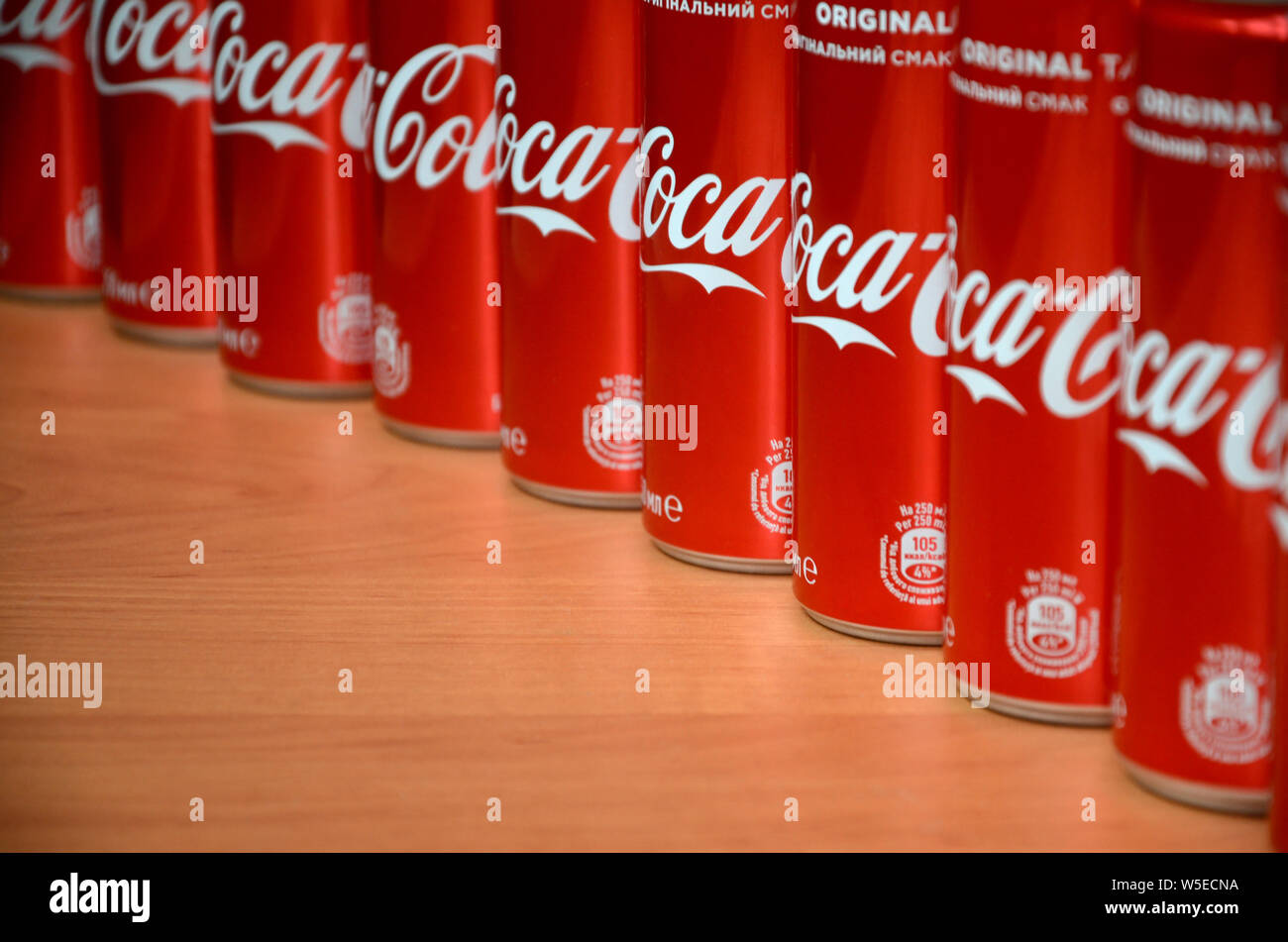 KHARKIV, UKRAINE - JULY 25, 2019: Coca-Cola logo printed on aluminium ...
