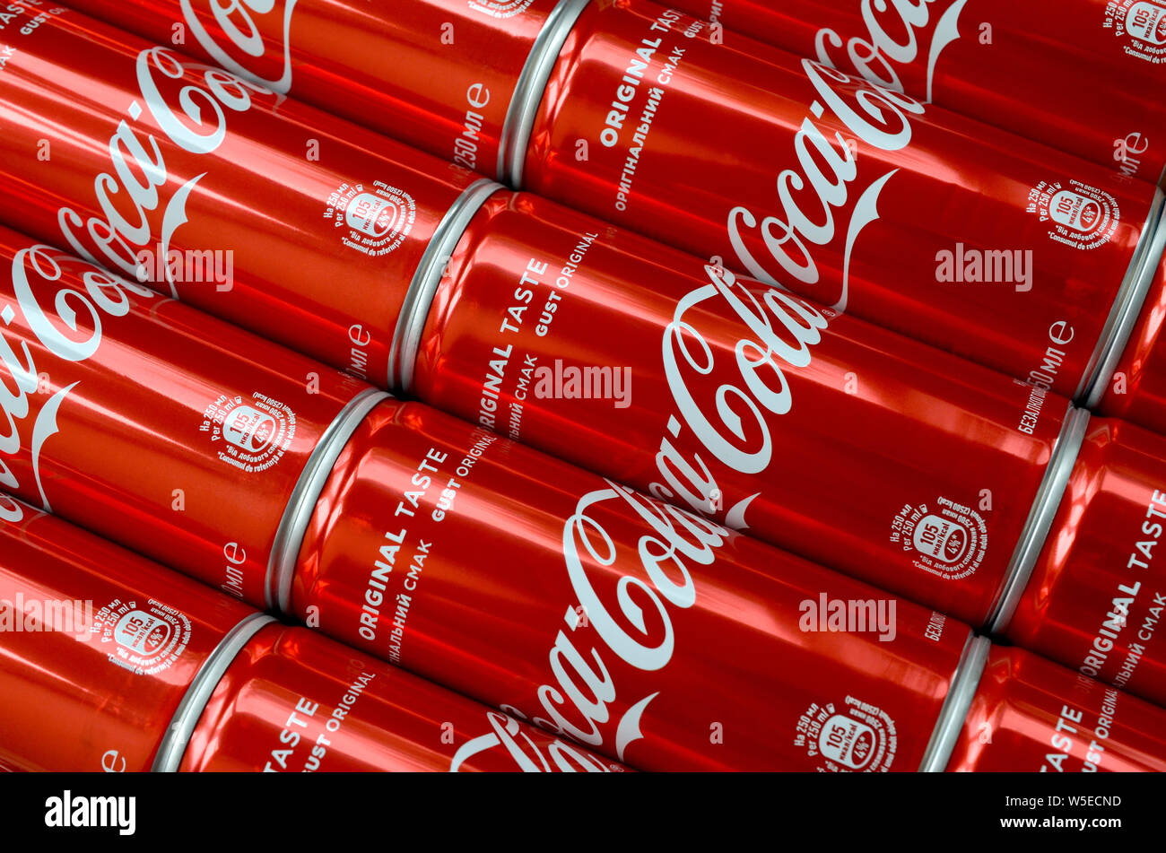 KHARKIV, UKRAINE - JULY 25, 2019: Coca-Cola logo printed on aluminium ...