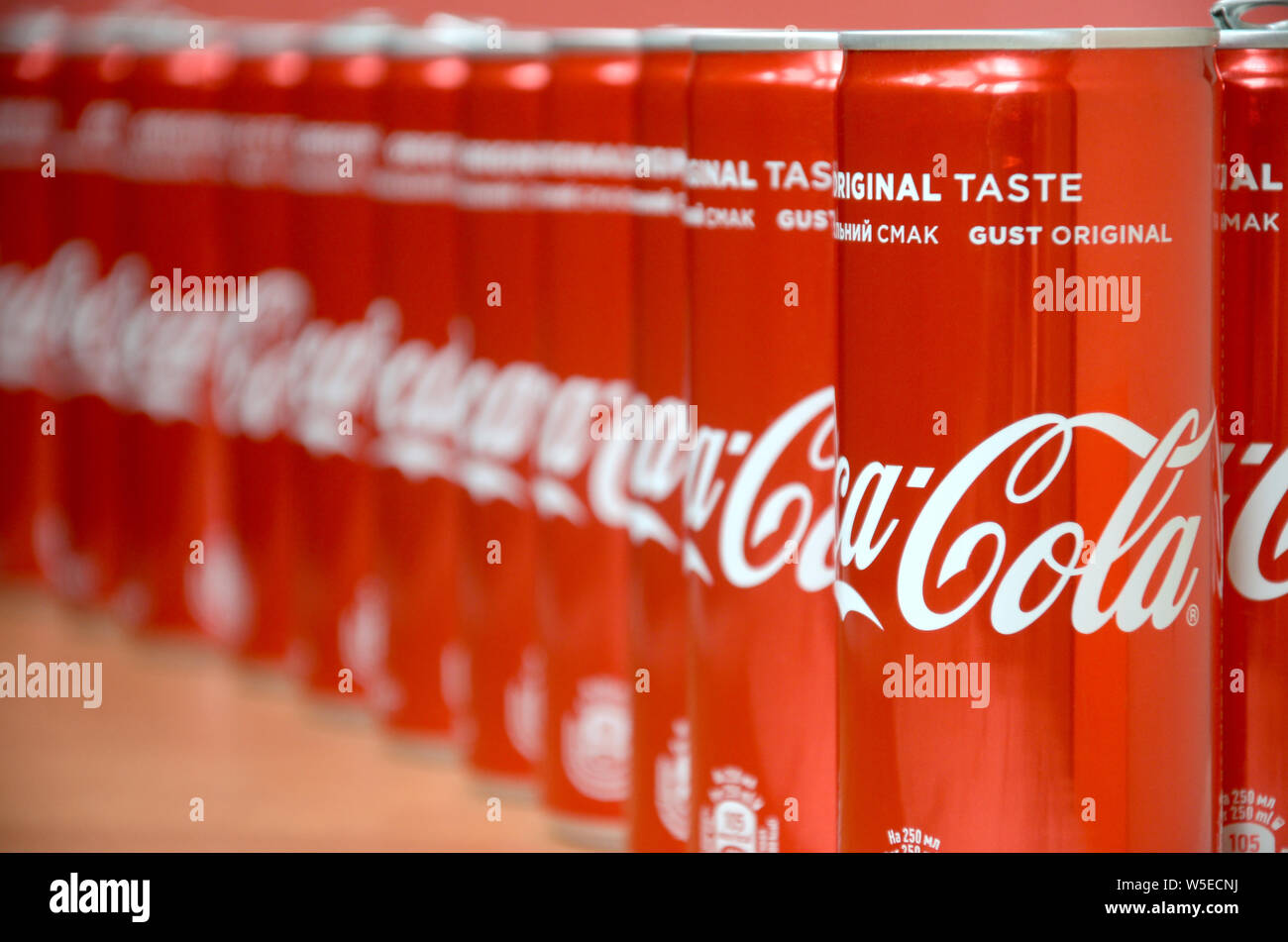 KHARKIV, UKRAINE - JULY 25, 2019: Coca-Cola logo printed on aluminium ...