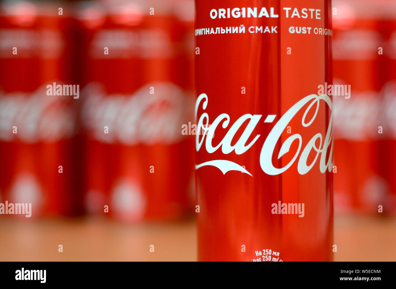 KHARKIV, UKRAINE - JULY 25, 2019: Coca-Cola logo printed on aluminium ...