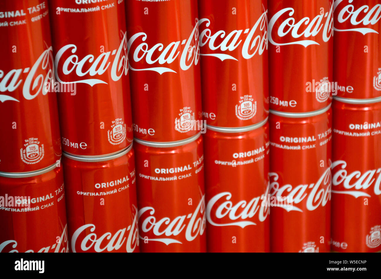 KHARKIV, UKRAINE - JULY 25, 2019: Coca-Cola logo printed on aluminium ...