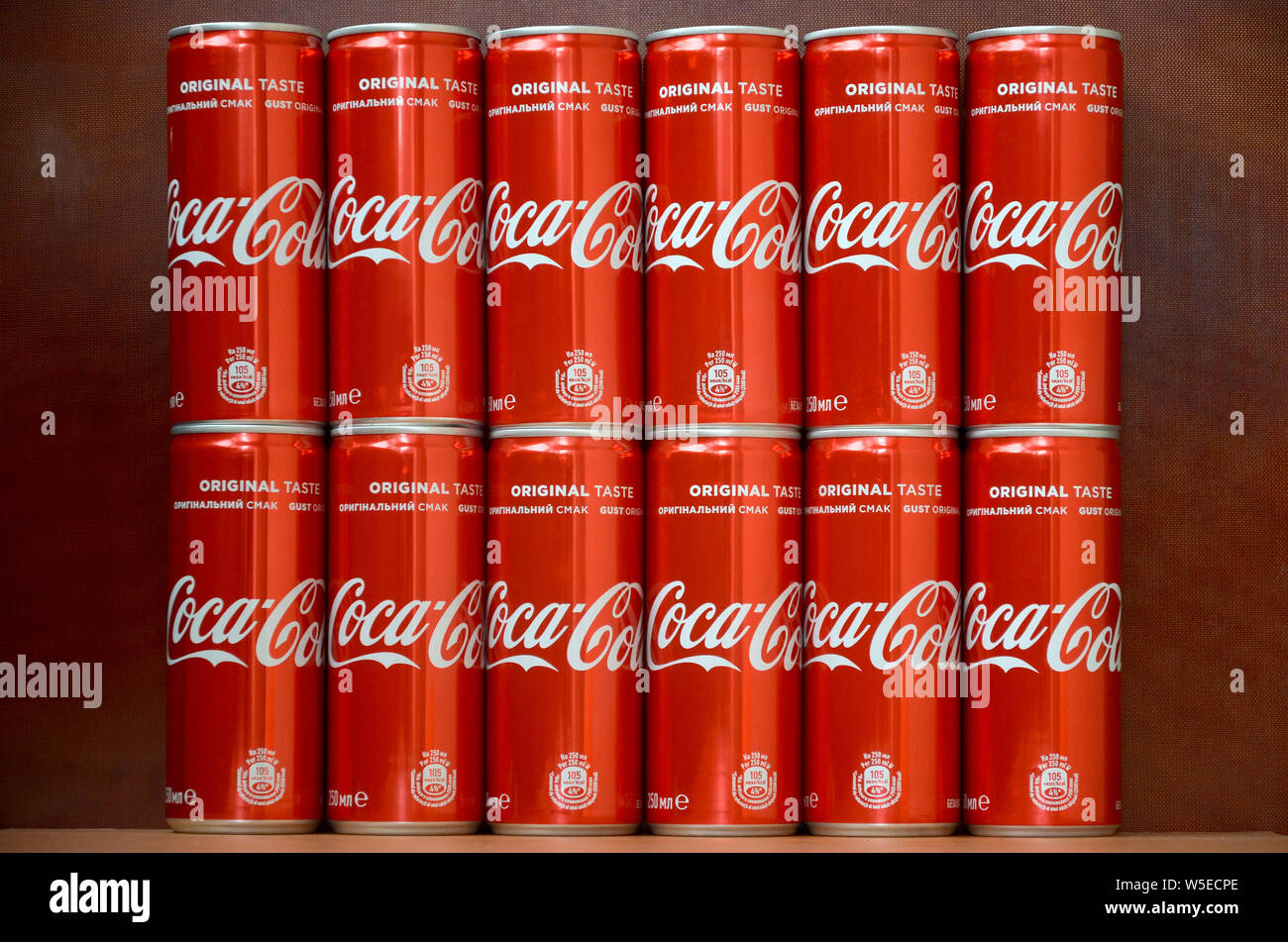 KHARKIV, UKRAINE - JULY 25, 2019: Coca-Cola logo printed on aluminium ...
