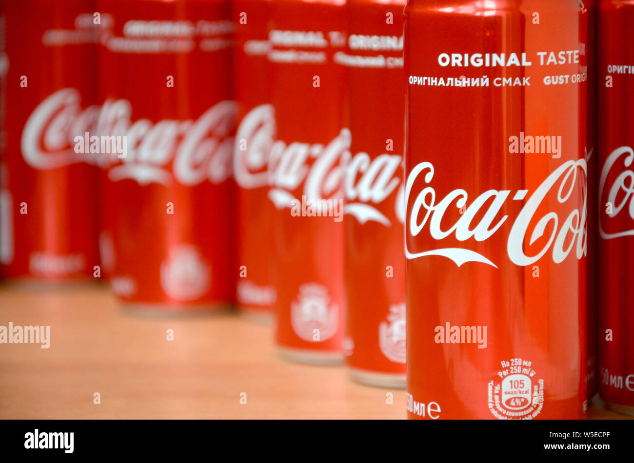 KHARKIV, UKRAINE - JULY 25, 2019: Coca-Cola logo printed on aluminium ...