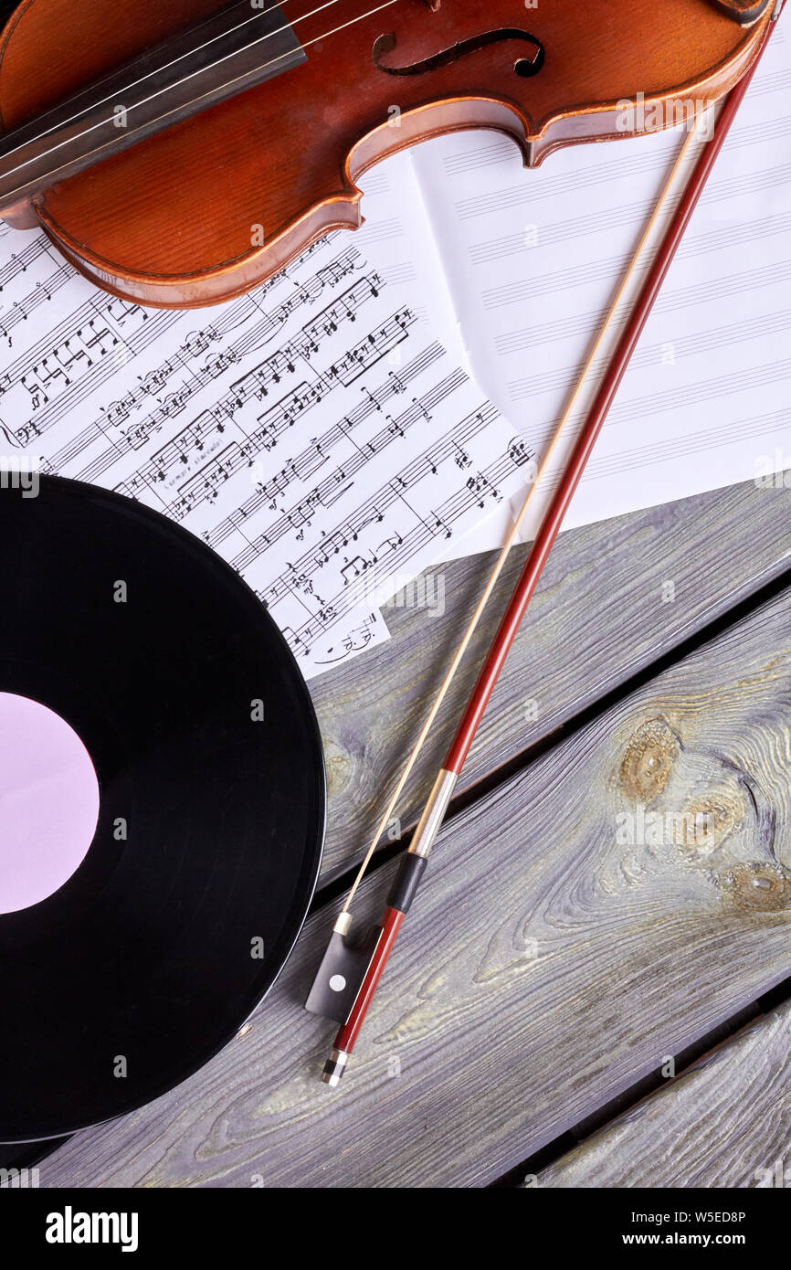 Vintage musical instruments on wooden background Stock Photo - Alamy
