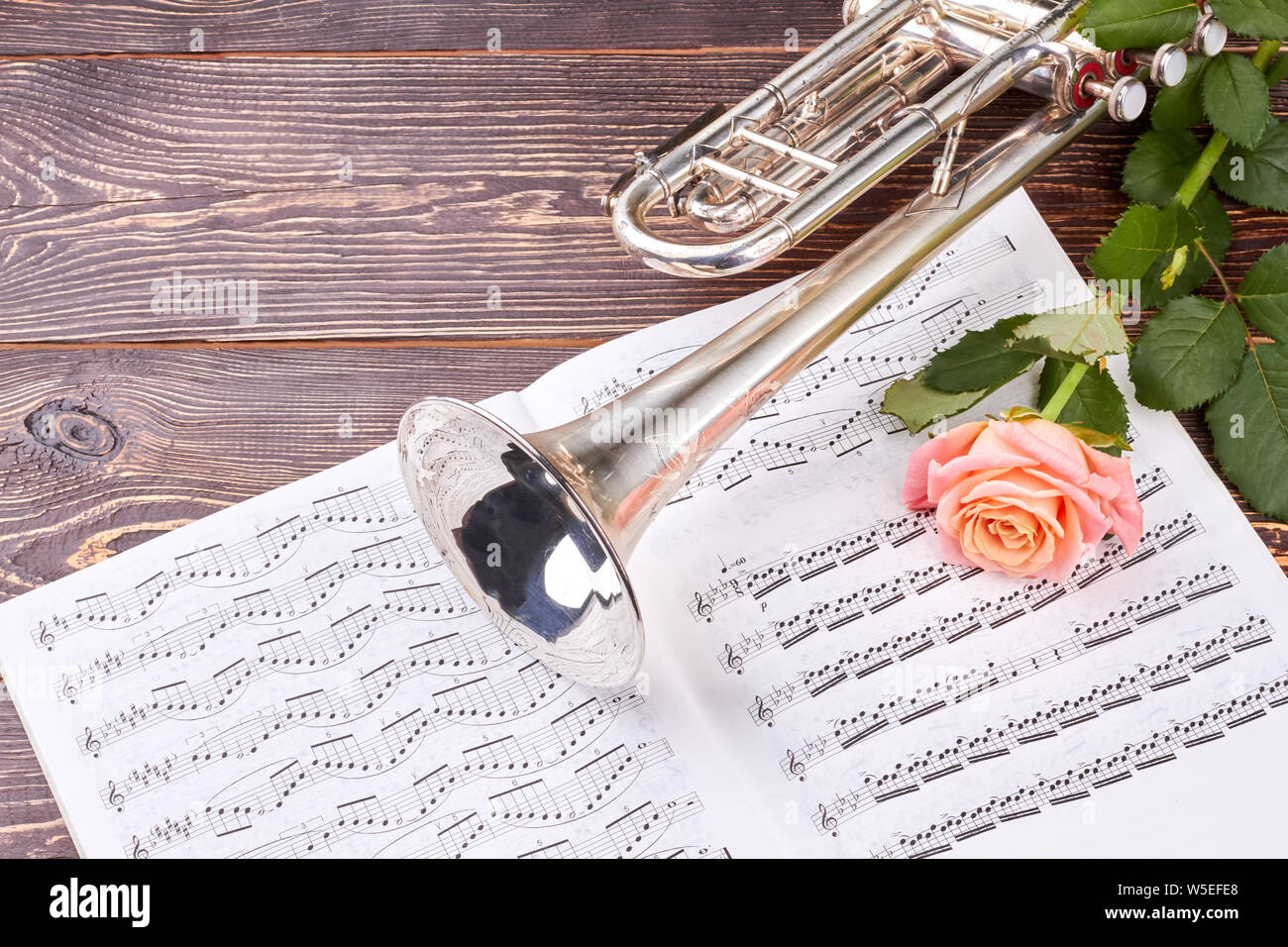 Trumpet, musical notes and rose Stock Photo - Alamy