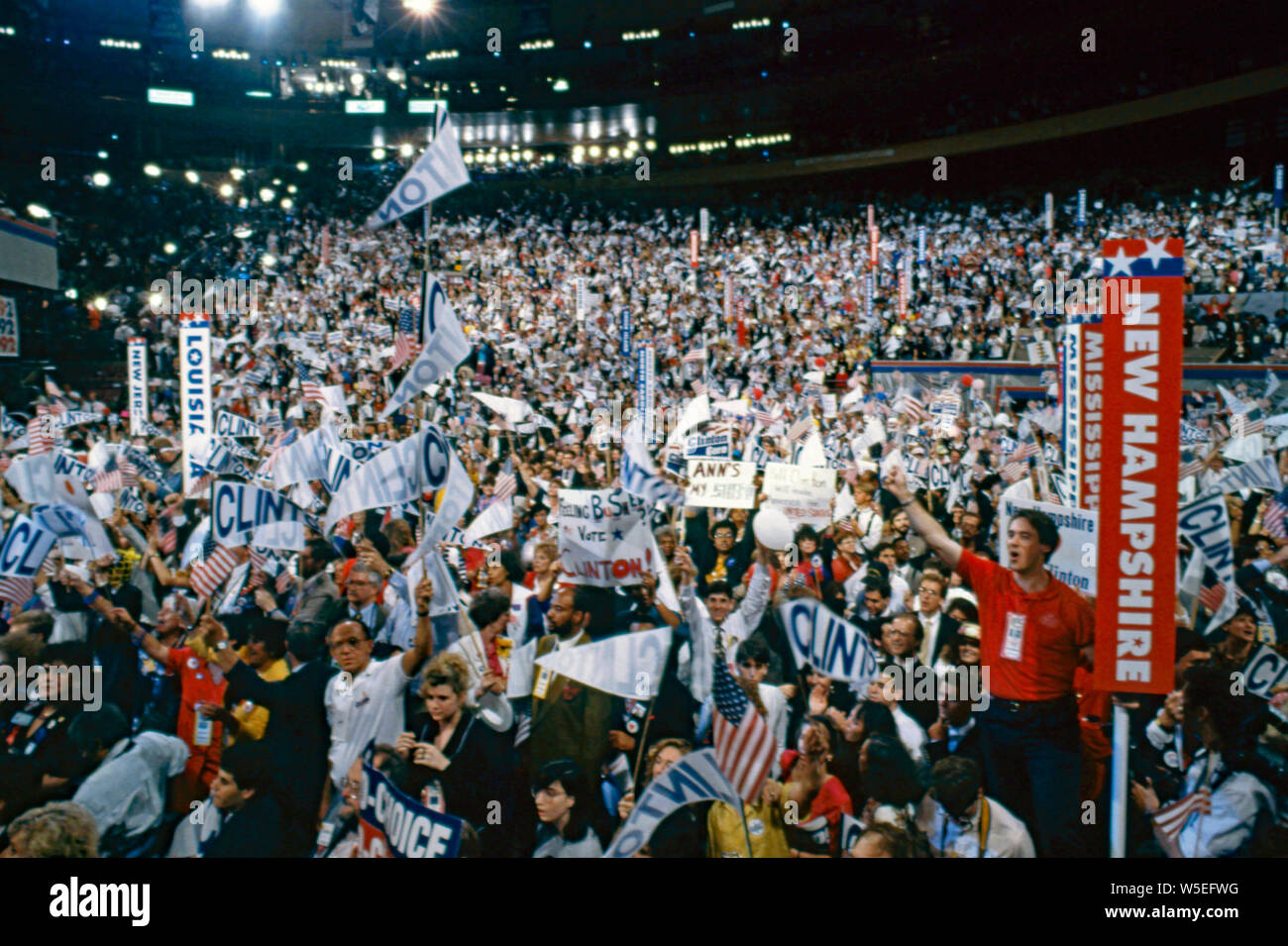 New York, NY., USA, July, 134, 1992 Delegates to the Democratic National Convention hold up ...