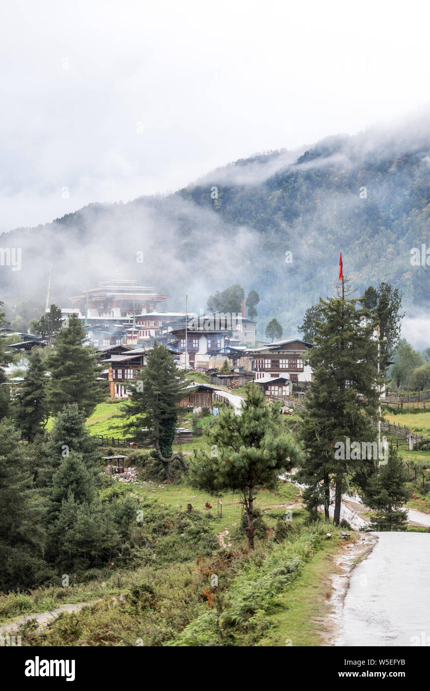 Gangtey Monastery, Phobjikha Valley, Bhutan, and the village and road ...