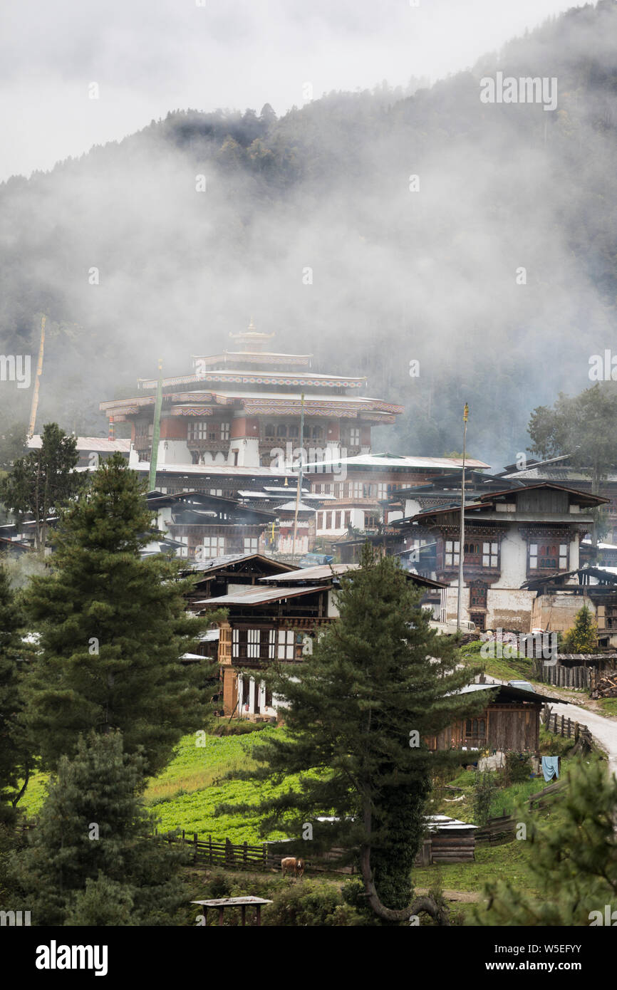 Gangtey Monastery, Phobjikha Valley, Bhutan, and the village and road ...