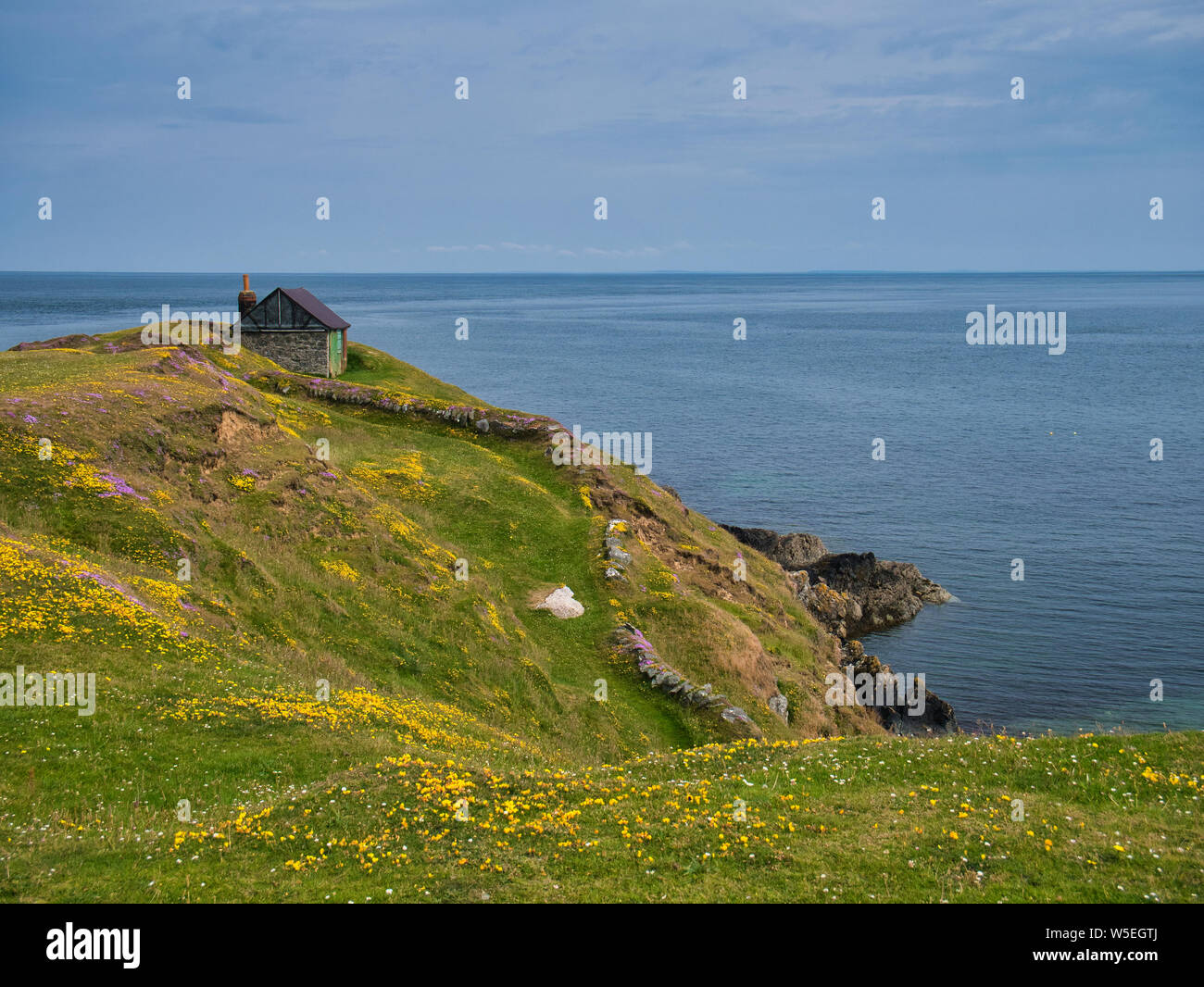 Isolated, exposed hut on the Wales Coast Path near Porth Y Cychod near ...