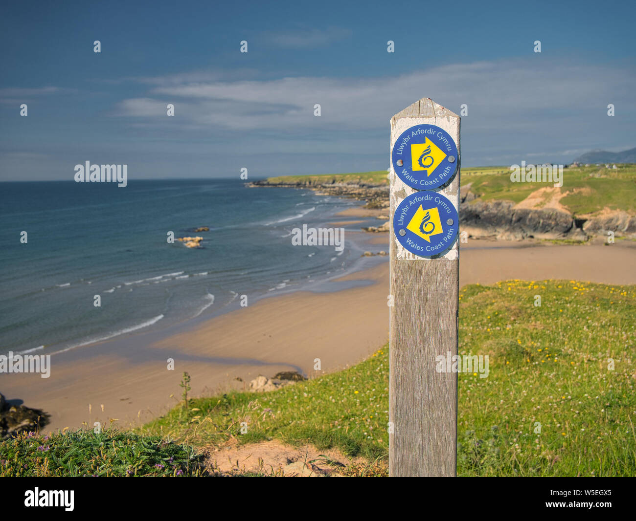 Wooden sign post on the Wales Coast Path on the Llyn Peninsula, Gwynedd ...