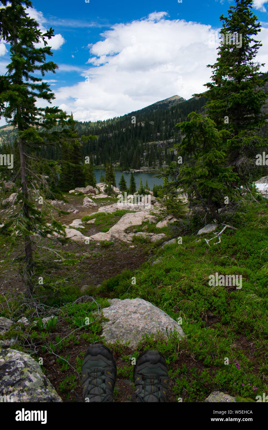 Hiking boots with mountains in the background in Vail Colorado Stock ...