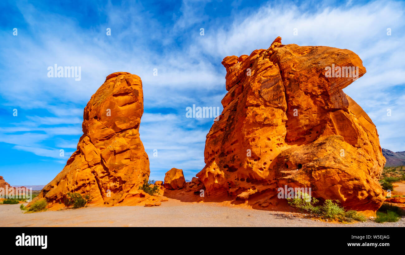 Sunrise over the bright red Aztec sandstone rock formation of the Seven ...