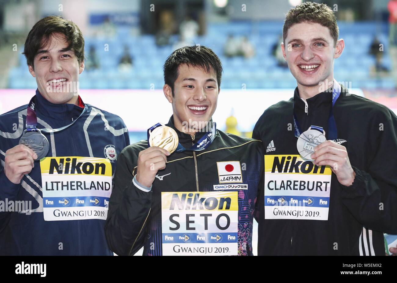 Gwangju, South Korea. 28th July, 2019. Daiya Seto (C) of Japan poses ...