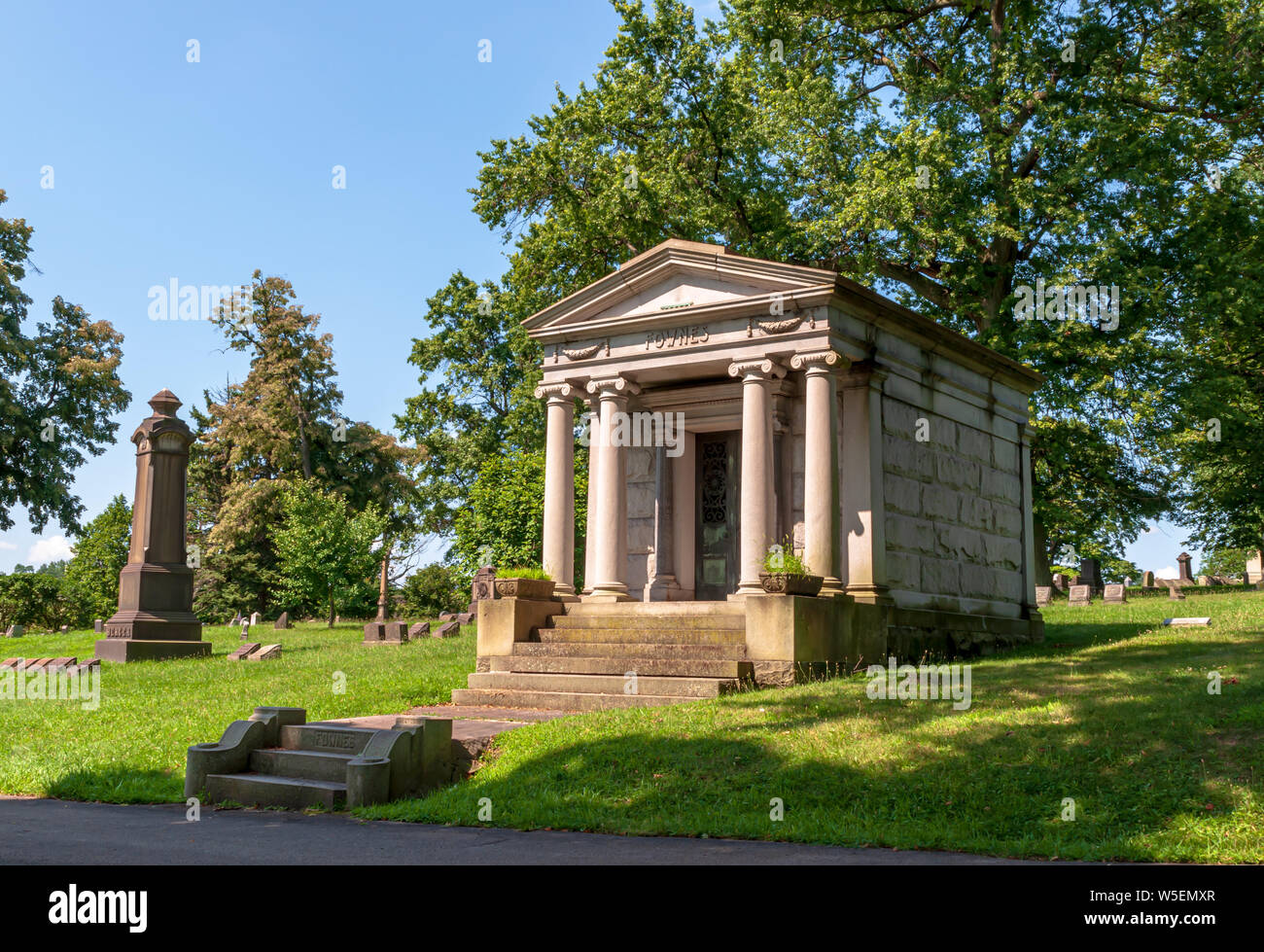 A mausoleum on a sunny summer day in Homewood Cemetery in Pittsburgh ...