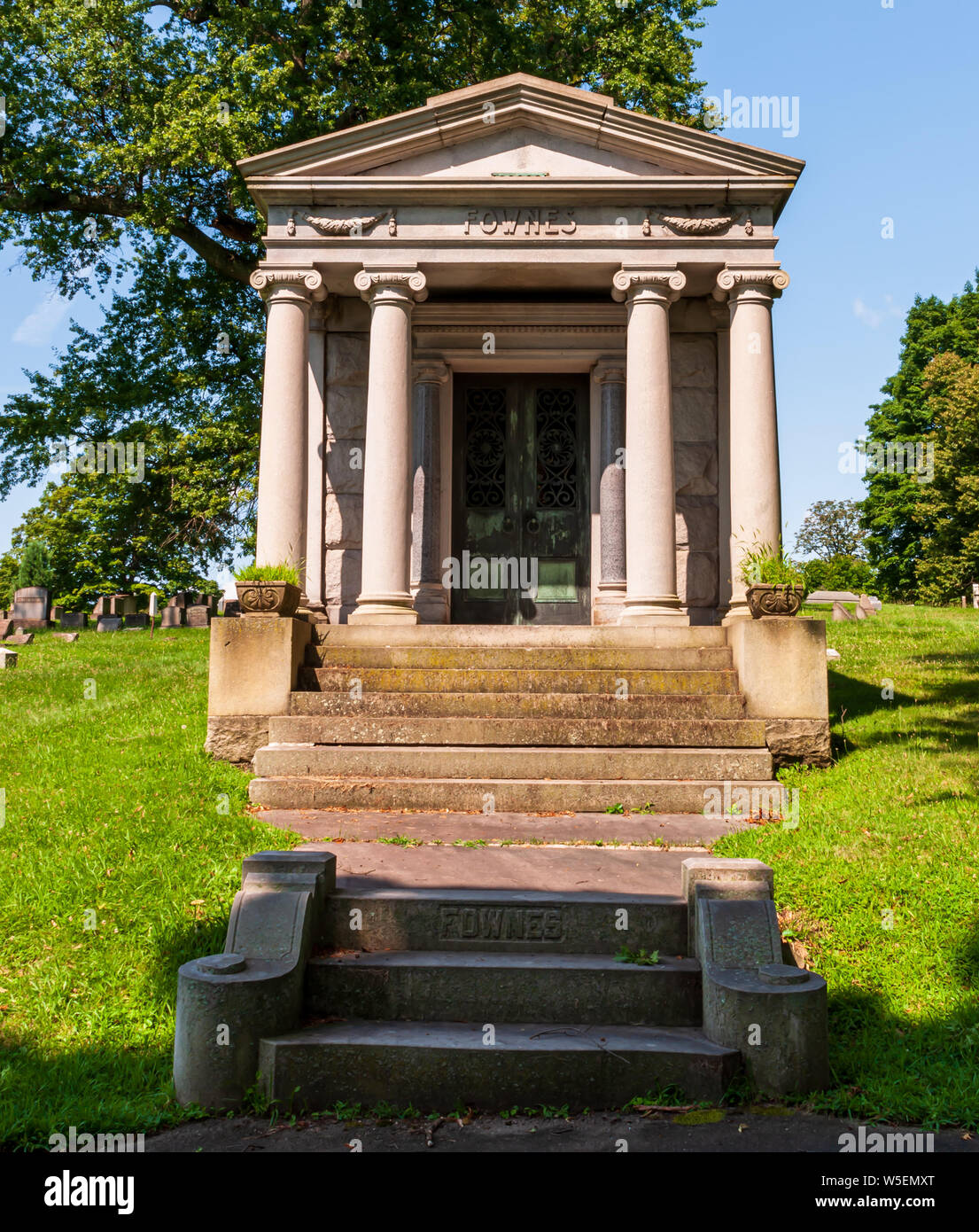 A mausoleum on a sunny summer day in Homewood Cemetery in Pittsburgh ...
