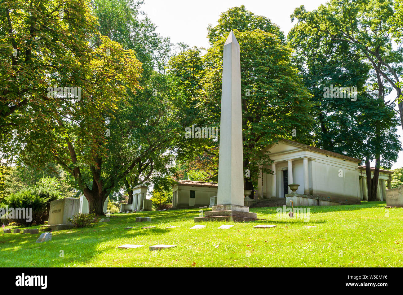 Graves and mausoleums in Homewood Cemetery on a spring day, Pittsburgh ...