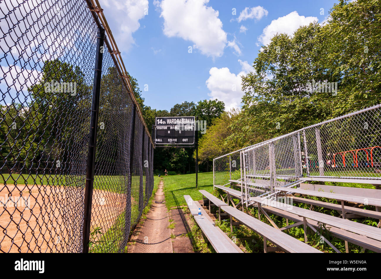 The bleachers and scoreboard at the 14th Ward baseball fields in Frick ...