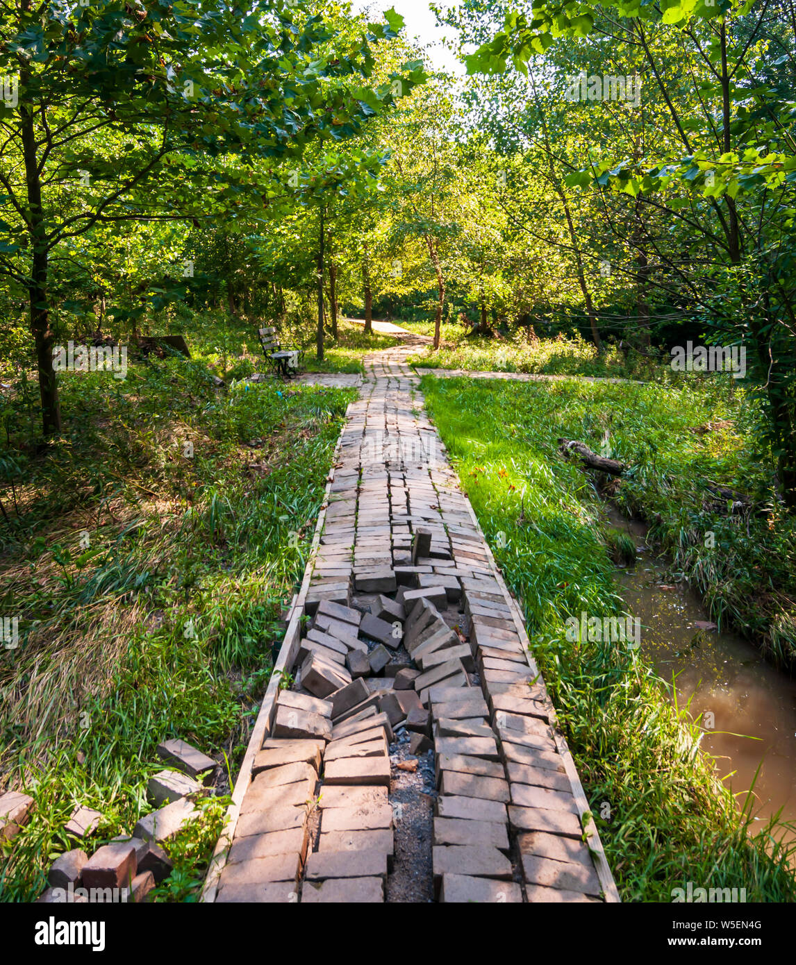 A brick walkway that has been damaged from flooding from Nine Mile Run ...