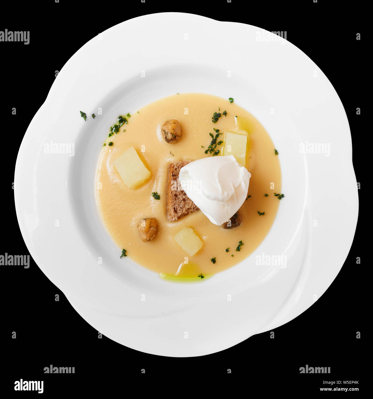 Pureed beans, bread, cheese and ice-cream, modern food, isolated Stock ...