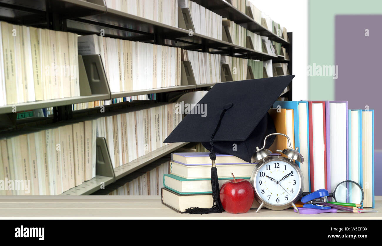 stack of books in library for education concept Stock Photo - Alamy