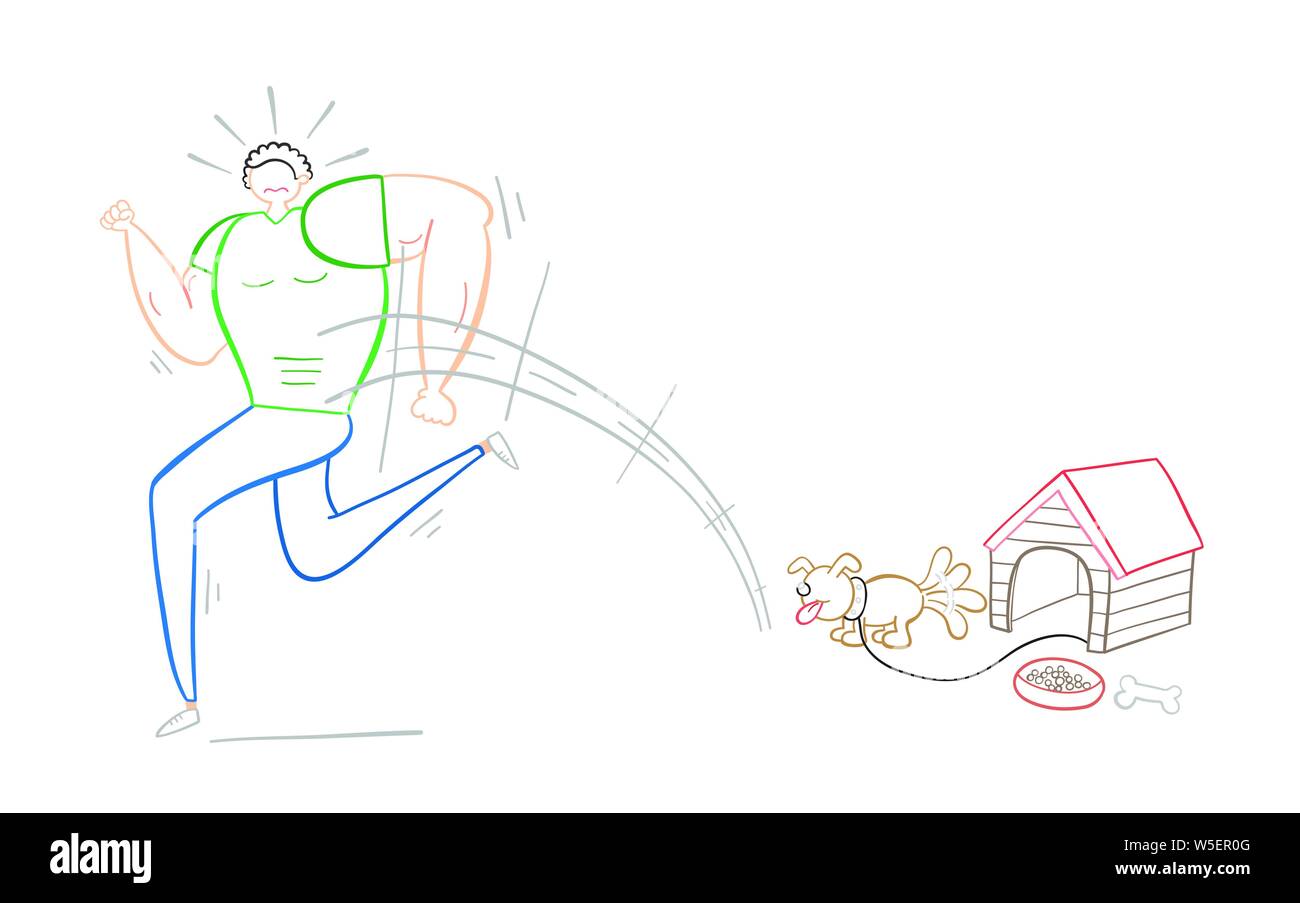 Muscular man scared of small dog and running away, hand-drawn vector ...