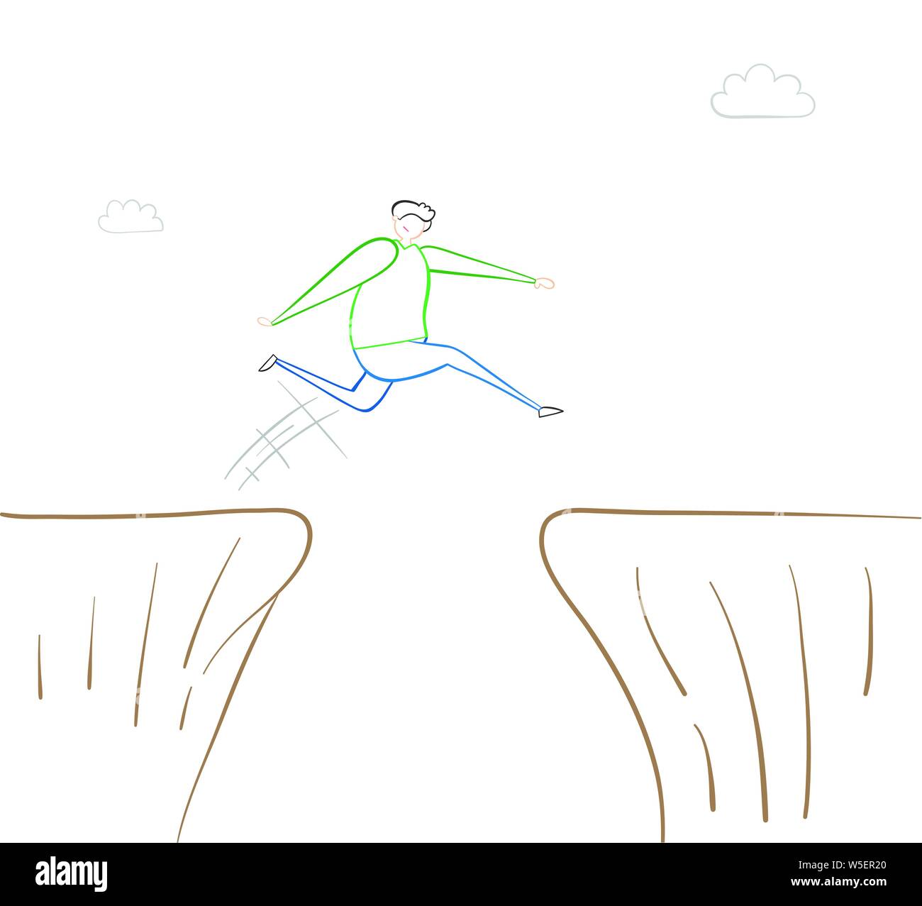 Man jumping over abyss, hand-drawn vector illustration. Color outlines ...