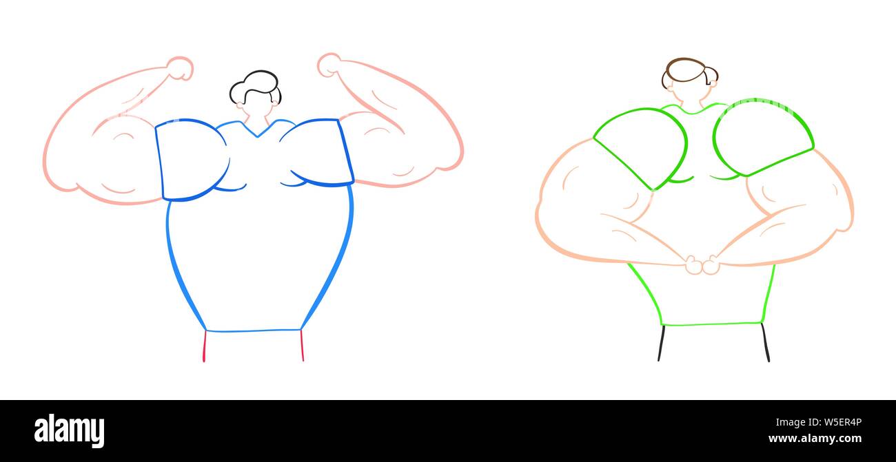 Muscular men show their muscles, hand-drawn vector illustration. Color ...