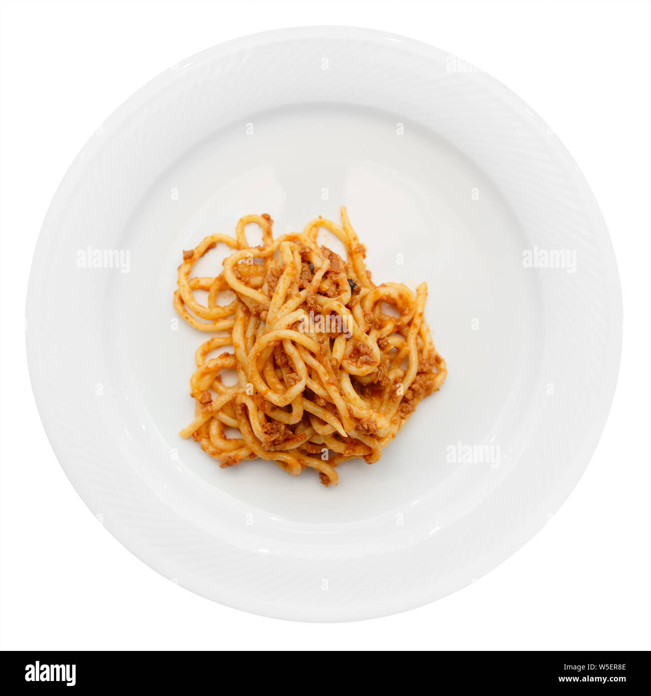 Traditional Tuscan pici pasta with wild boar meat isolated on white ...