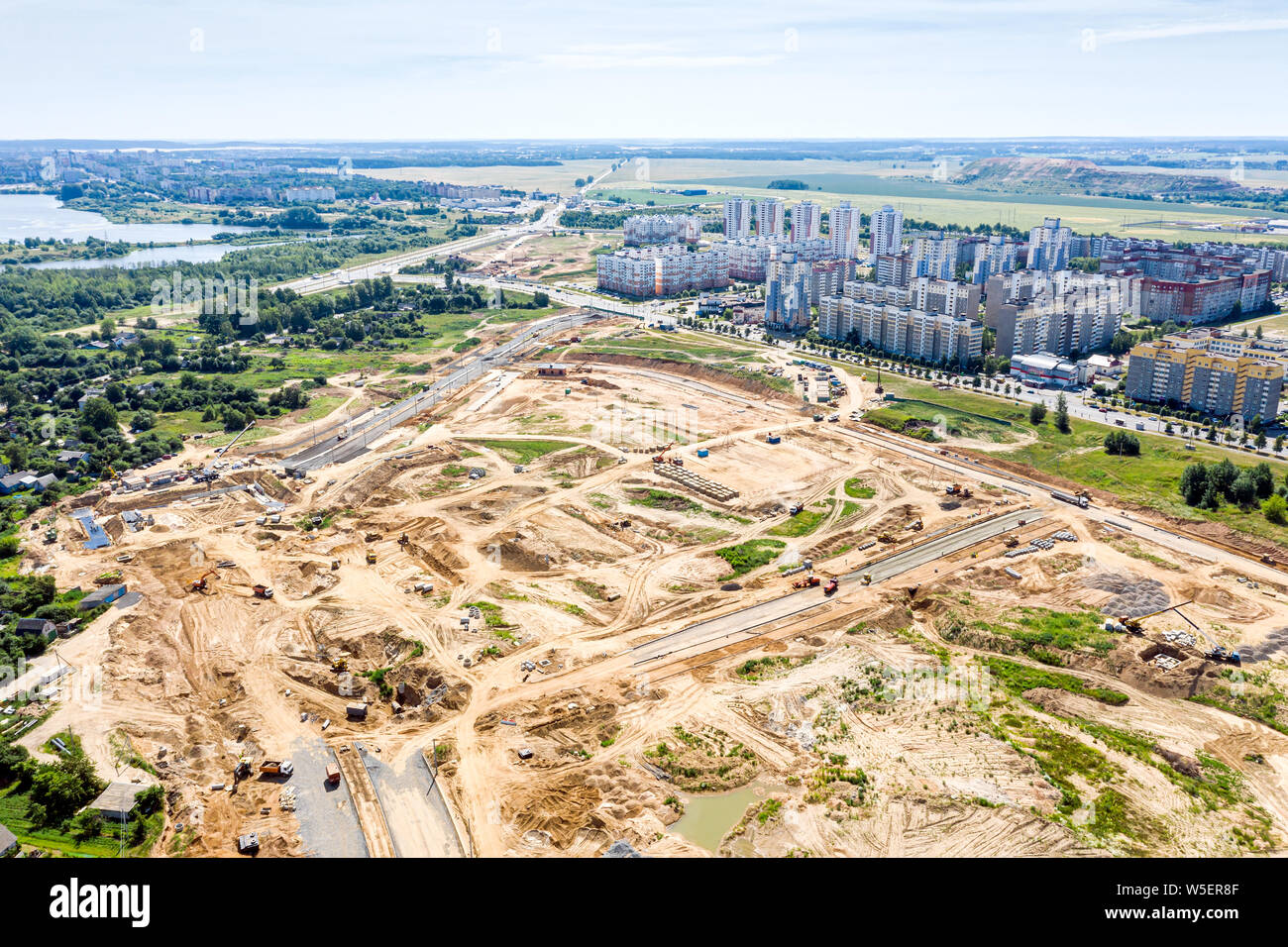 top view of suburb area. construction of new city road. panoramic ...