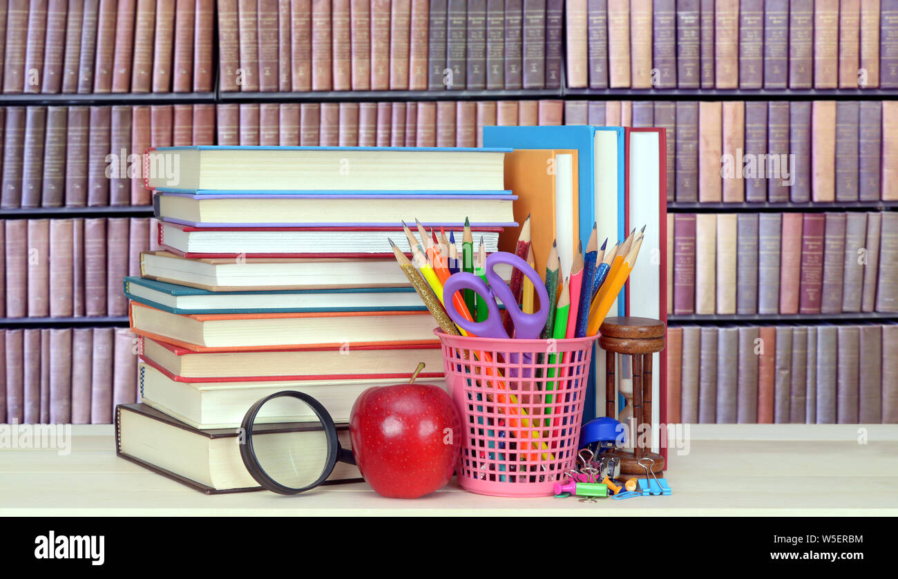 stack of books in library for education concept Stock Photo - Alamy