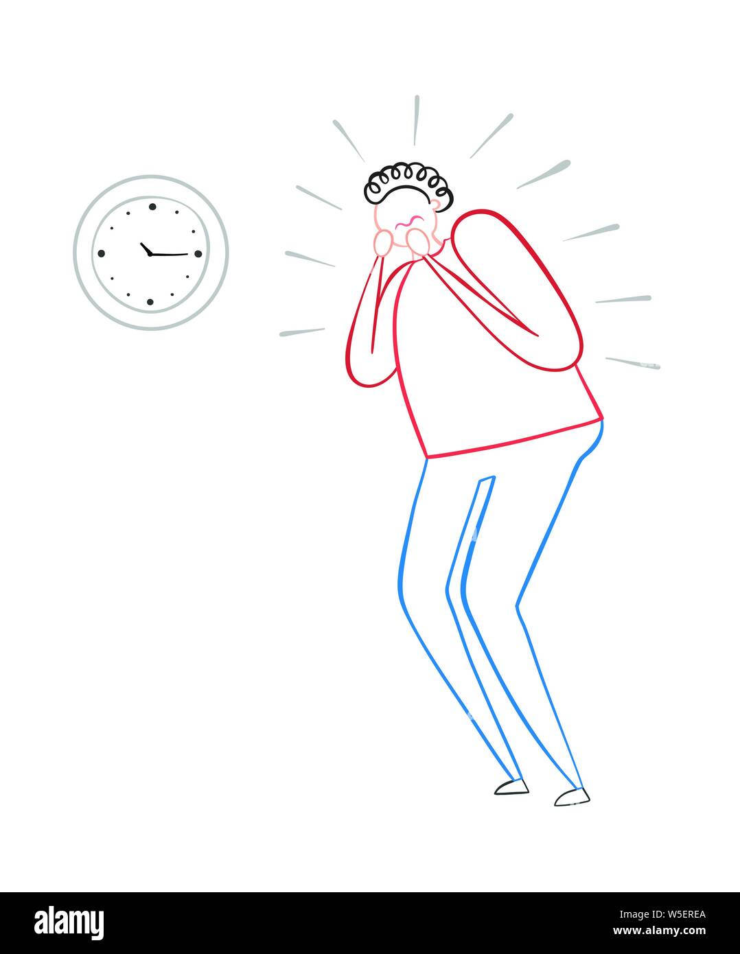The man is looking at the clock and is very stressed, hand-drawn vector ...