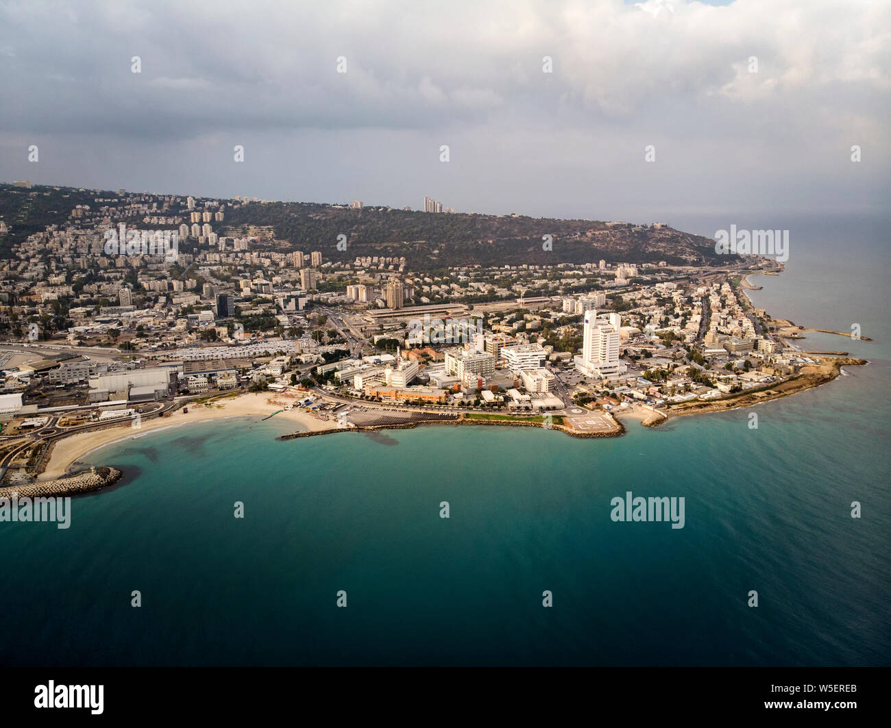 Aerial panorama of Haifa from flying drone - the third largest city of ...