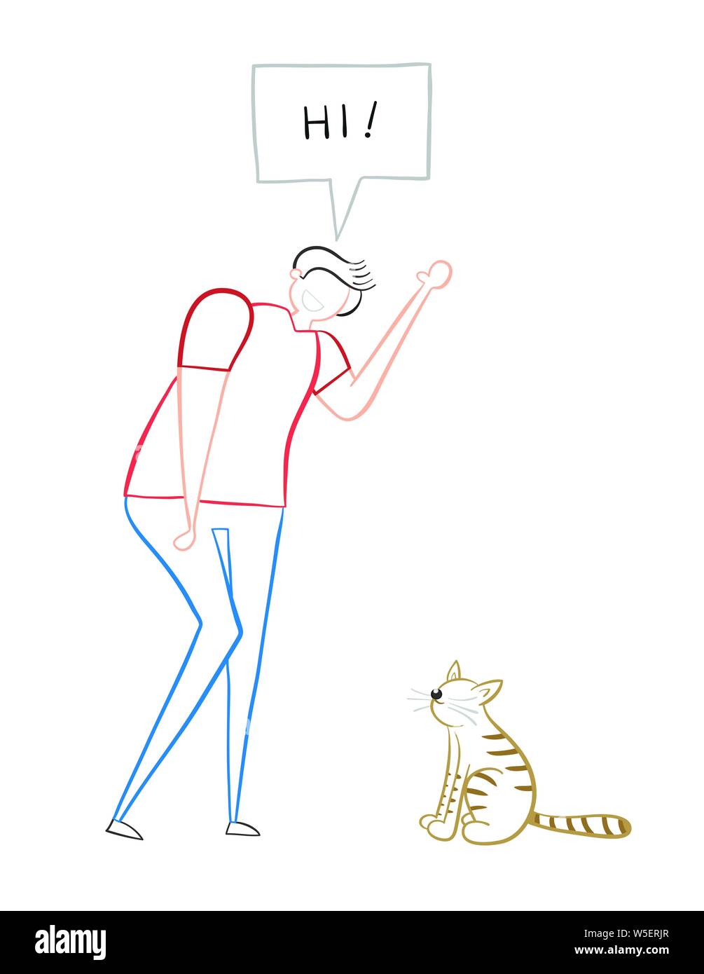 Man says hi to the cat, hand-drawn vector illustration. Color outlines ... Man says hi to the cat, hand-drawn vector illustration. Color outlines ...