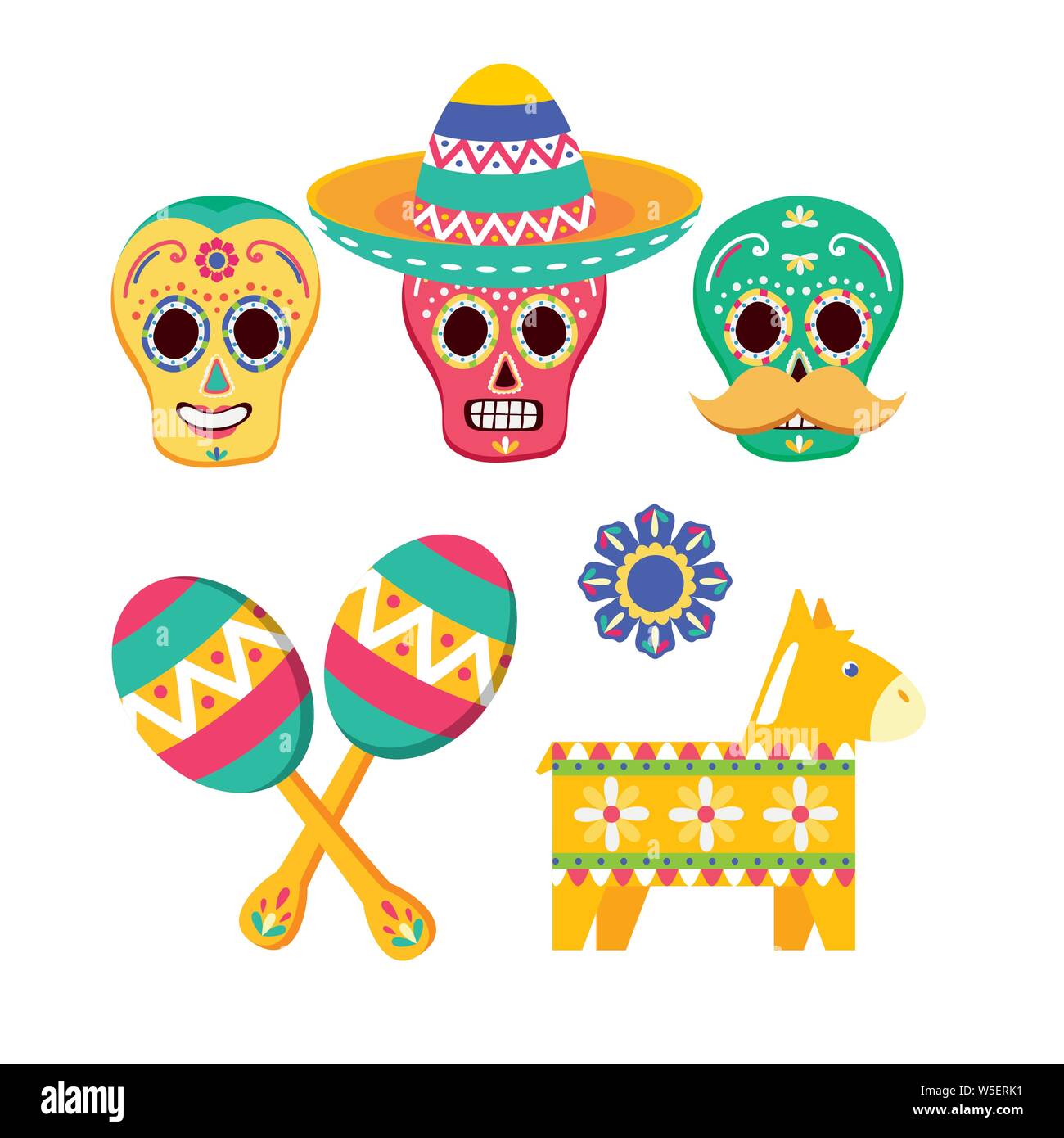 sugar skulls maraca pinata hat celebration viva mexico Stock Vector ...