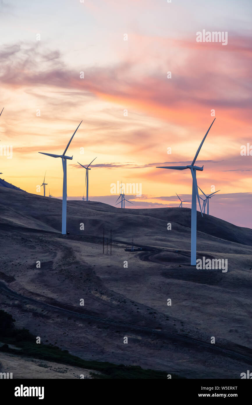 Beautiful Panoramic Landscape View of Wind Turbines on a Windy Hill ...